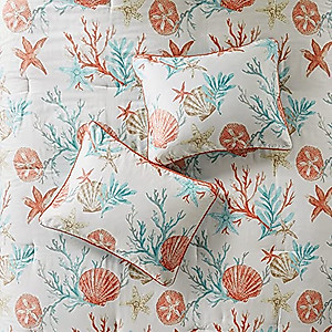 Madison Park 100% Cotton Comforter Set - Coastal Coral, Starfish Design All Season Down Alternative Cozy Bedding with Matching Shams, Decorative Pillow, King(104"x92"), Teal 7 Piece