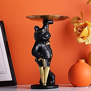 Modern Decor Resin Bulldog Tray Statue Tray Storage Key Holder Candy Jewelry Earrings Tray Suitable for Home Decor Modern Art Dining Table Decor Office Small Object Tray (Black)