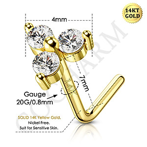 COCHARM 14k Solid Gold Nose Stud for Women 20g Real Gold Triple CZ Flower Nose Stud Nose Ring 20g Cluster Nose Studs Nose Piercing