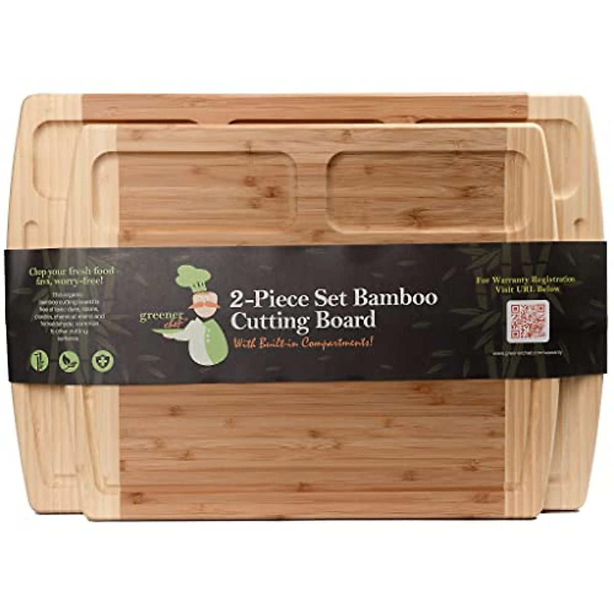 Greener Chef Organic Bamboo Cutting Board for Kitchen with Built-In Compartments and Juice Groove - Wooden Chopping Board for Meat, Cheese Charcuterie Board with Handles, (Medium and XL)