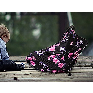 4 in 1 Car Seat Covers for Babies Girl, Nursing Cover Carseat Canopy, Soft and Stretchy Breastfeeding Scarf, Best Gift Set for Infant, Newborn - Floral Black Pink and Purple