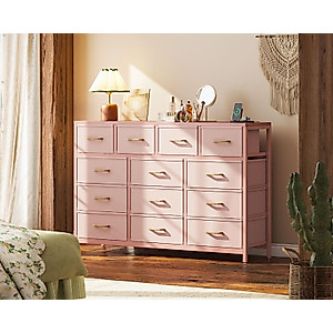 Casaottima Dresser for Bedroom with Charging Station, 57" Long Dresser with 13 Storage Drawers, Large Fabric Dressers Chests of Drawers with Shelves, Pink