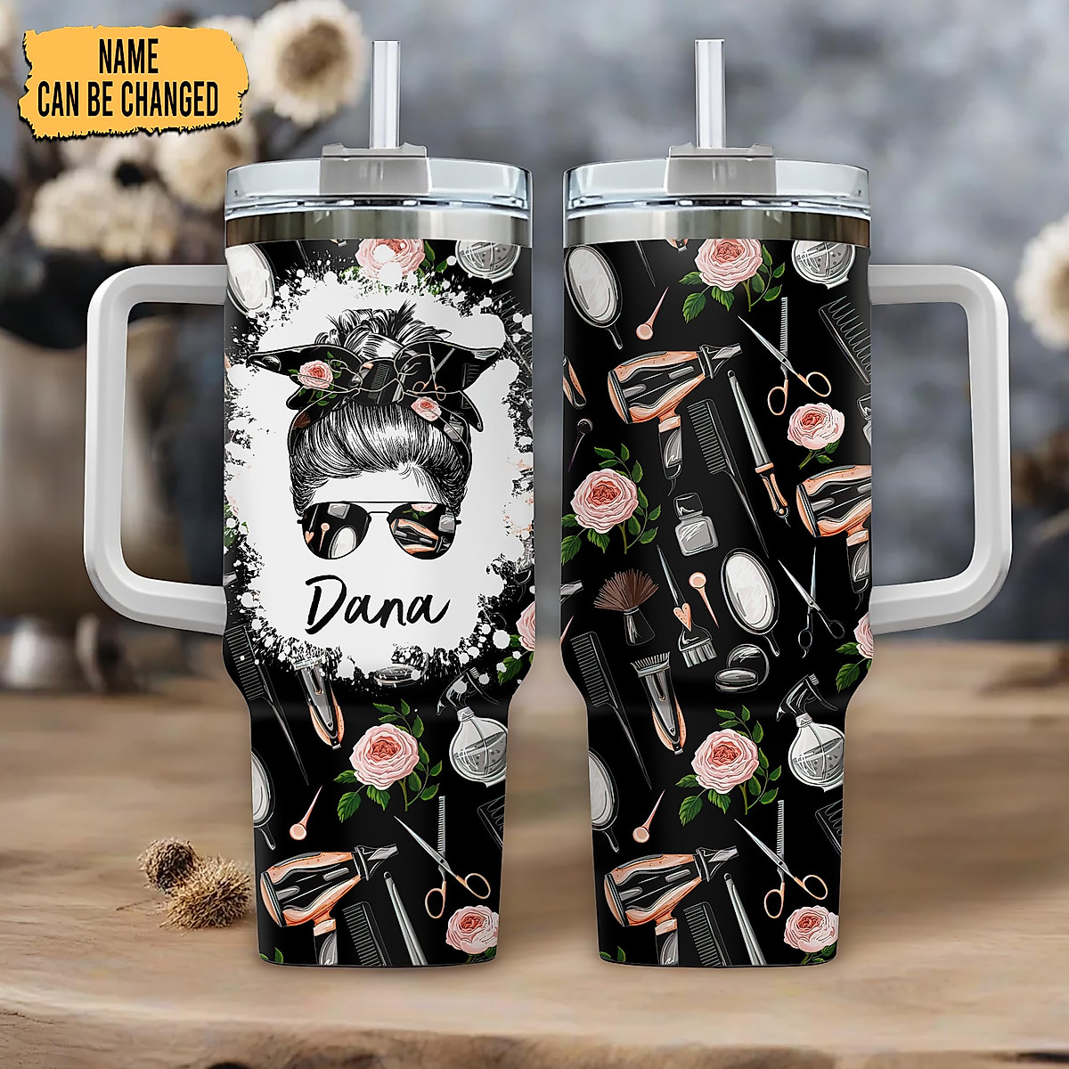 Hyturtle Personalized Coffee Tumbler Hairstylist Customized Name 40 oz Tumbler with Handle and Straw Lid, Birthday Gifts For Hairdressers Men Women Insulated Mugs Wine Tumblers Stainless Steel Cups