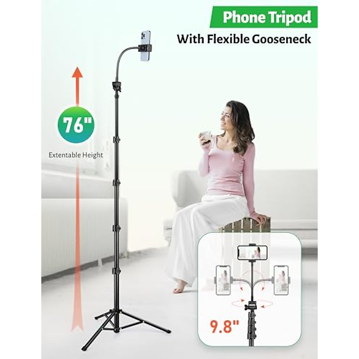 Nineigh Tripod for Cell Phone, 76" Phone Tripod with Gooseneck & Remote, Selfie Stick Portable Tripods Video Recording Photo Vlog, Compatible with iPhone Plus Cellphone Camera