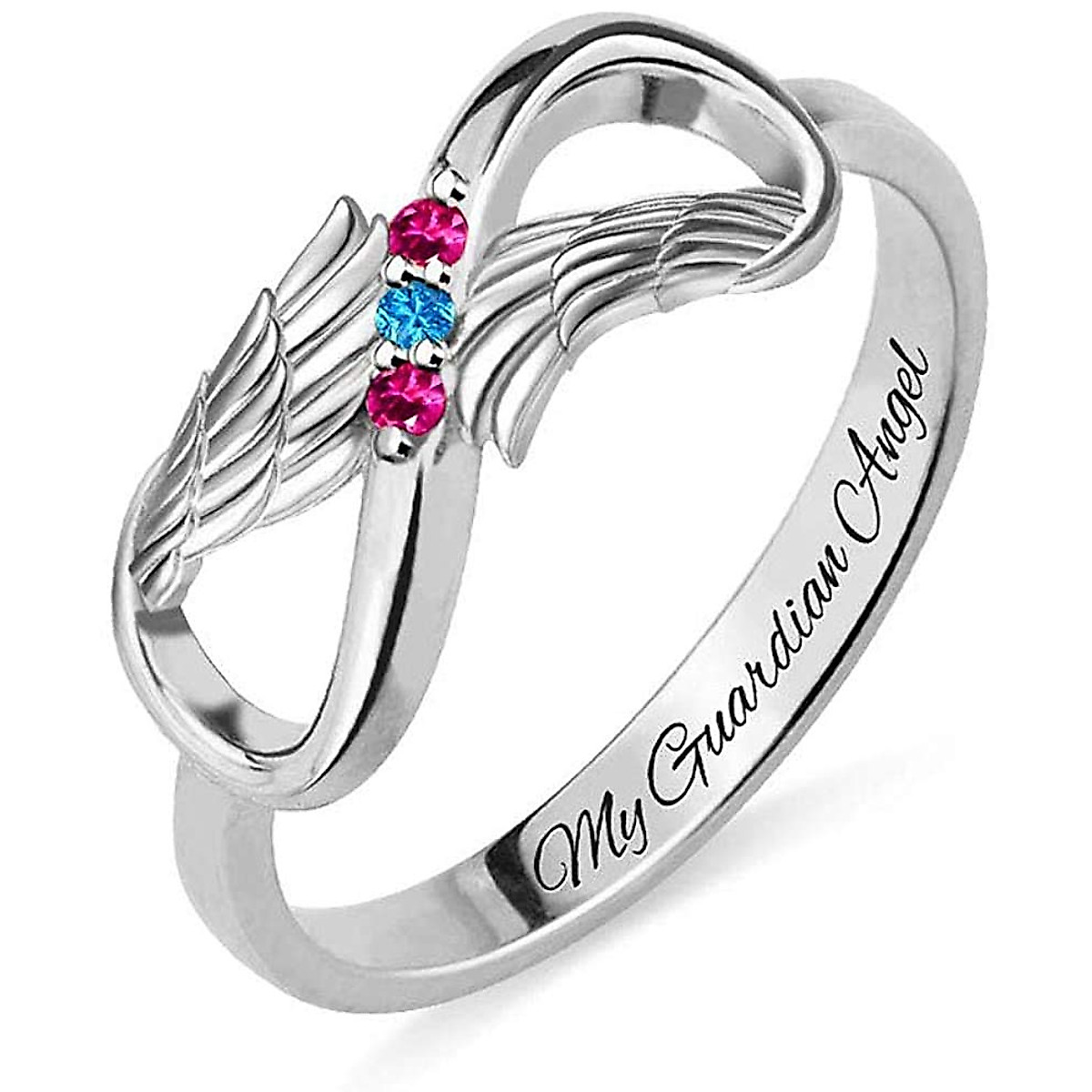 EBAT Angel Wings Ring for Women Angels Wing Birthstone Rings Mothers Day With 3 Birthstones Mother Daughter Ring Infinity Personalized Engraved Custom Name Sterling Silver Mom (1)
