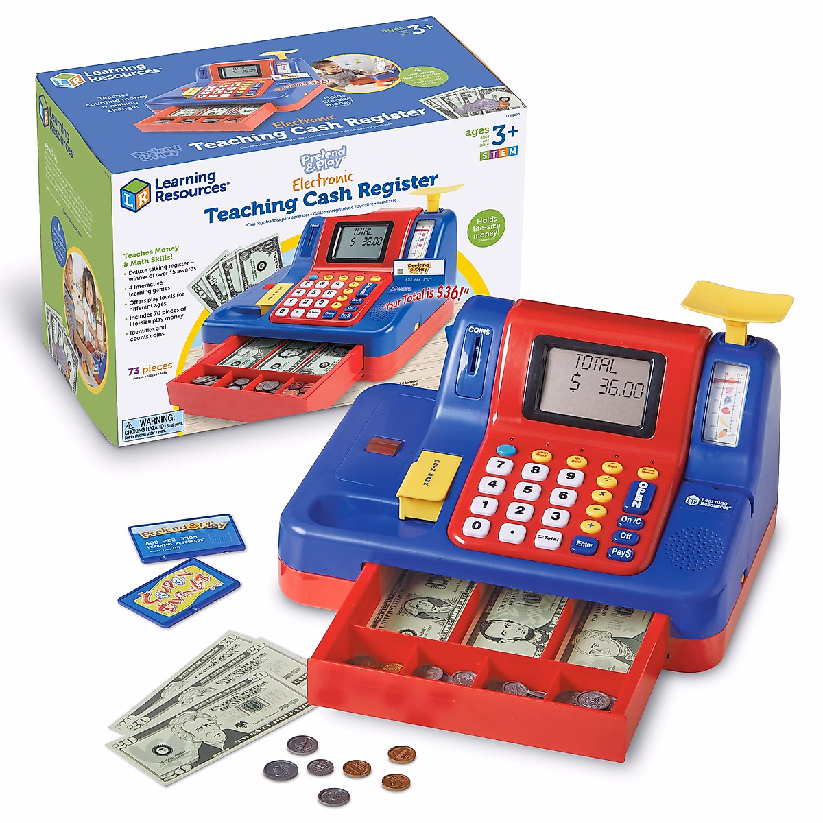 Learning Resources Pretend & Play Teaching Cash Register, 73 Piece Set, Ages 3+, Talking Register, Counting Activities, Money Management