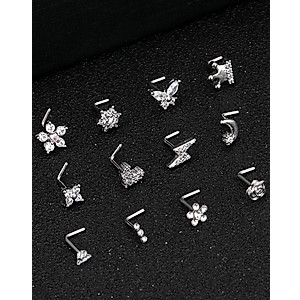 Akeoqi 12Pcs Nose Stud L Shape Nose Rings Cubic Zirconia Butterfly Flower Eye Moon Heart Crown Lightning Piercing Jewelry for Women Men 20G Silver Tone