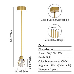 Crystal Pendant Light Gold Finish 1-Light Modern Crystal Pendant Light Brushed Brass Mini Hanging Pendant Light Dimmable Integrated LED Pendant Light Fixture with Crystal Glass Single Pendant Light