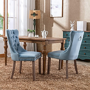 Rhomtree Set of 6 Velvet Fabric Dining Chairs Luxury Tufted Back with Nailed Trim and Back Ring Pull Home Kitchen Dining Room Chairs Armless Side Chairs Solid Rubber Wood Legs (Light Blue)