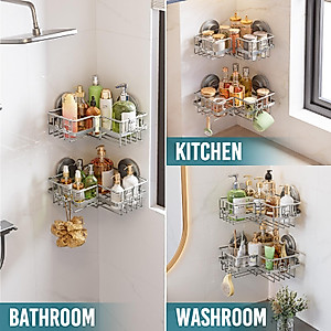 TAILI Heavy Duty Suction Cup Shower Caddy 2 Pack, Removable Rustproof Stainless Steel Shower Rack, Drill-Free Shower Shelf with Hooks, Wall Mounted Basket Organizer for Bathroom, Grey