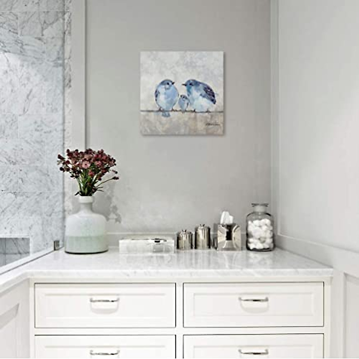 Woxfcart Bird Canvas Wall Art Blue Gray Pictures Decor for Bathroom 13.5"x13.5"