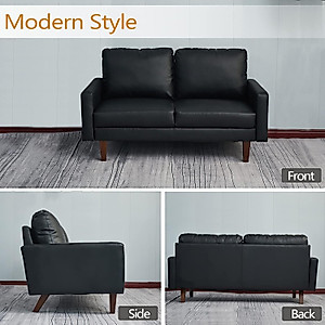 HomeStock Rococo Radiance Leather Upholstered, Comfy Couch Modern Sofa with Wooden Legs for Living Room, Office, Removable Cushions, Wooden Legs Black/Loveseat