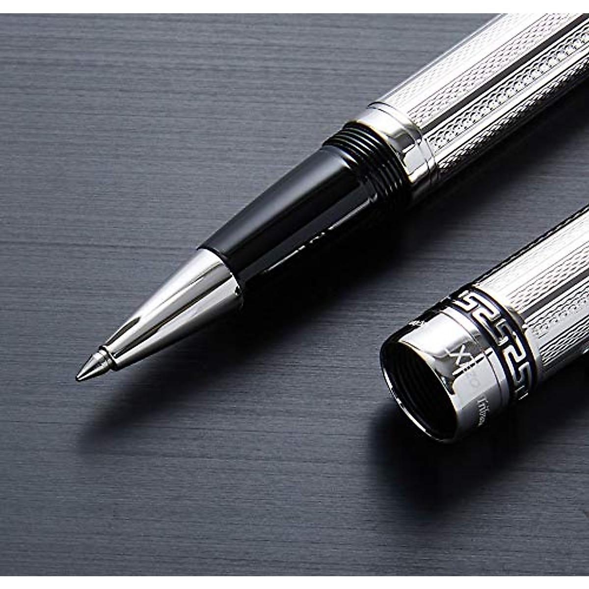 Xezo Tribune Pure Platinum Layered Diamond-Cut Fine Rollerball Pen, Weighty and Balanced, Individually Numbered (Tribune Platinum R), Silver, Black