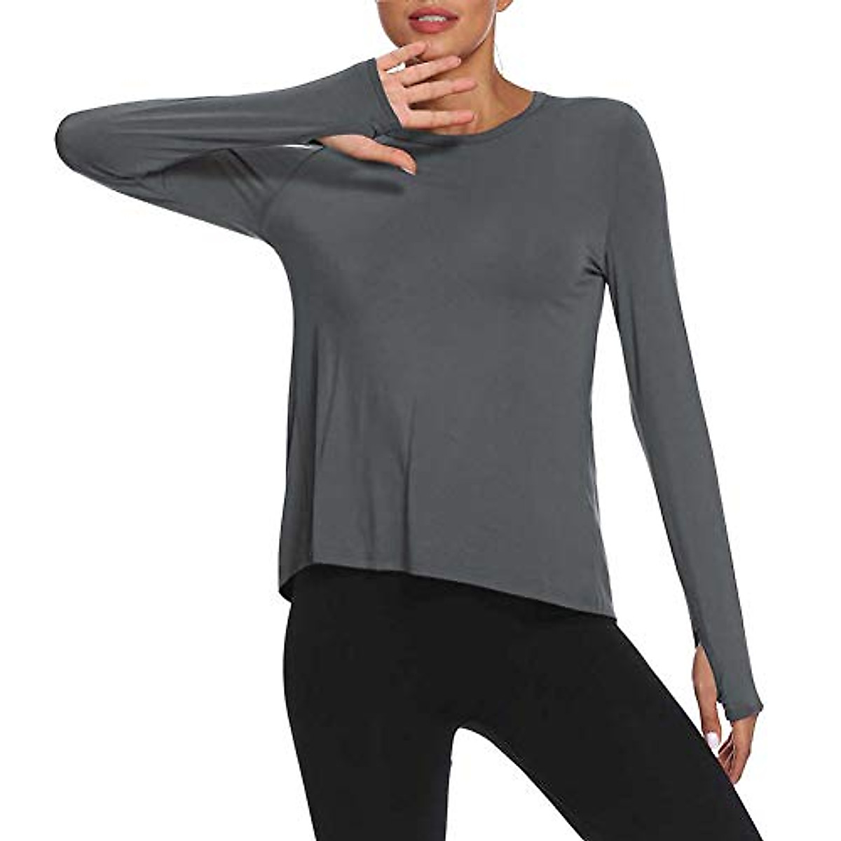 Mippo Long Sleeve Yoga Tops for Women Open Back Workout Shirts Gym Tops Running Athletic Shirts Workout Clothes Deep Gray M
