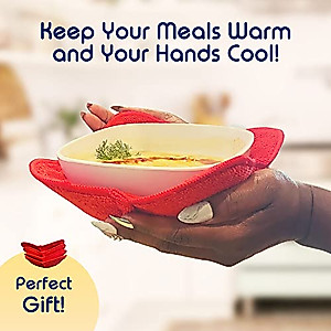 House and Hash - Bowl Holder Warmers  to Keep Food Warm and Your Hands Cool, Made of Microfiber Heat Resistant Fabric for Safe Grabs, Microwavable Bowl Holders, Set of 4 (4, Red)