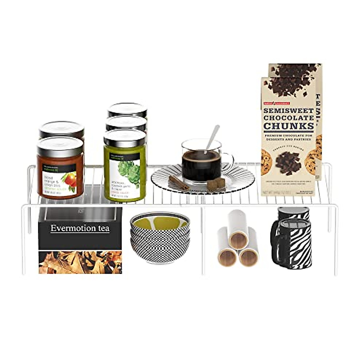 GEDLIRE Kitchen Cabinet Expandable Shelf Organizers Set of 2, Adjustable Metal Wire Pantry Storage Shelves, Plate Dish Organizer Rack for Cabinets, Cupboard, Counter, Freezer, Countertop, White