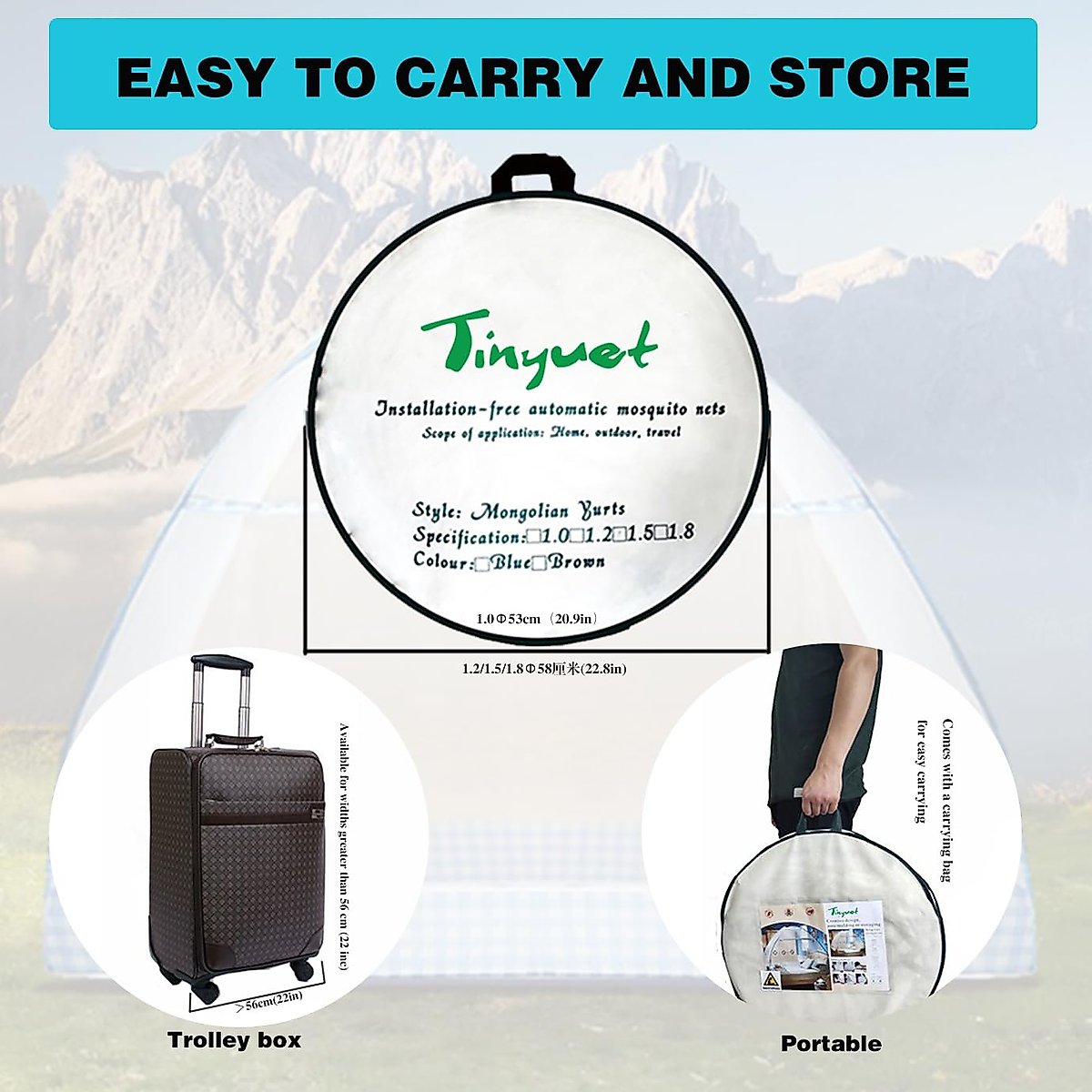 Tinyuet Mosquito Net for Bed, Portable Double Door Pop-up Mosquito Netting with Net Bottom, 59x78.7in Bed Tent for Indoor and Outdoor Use, Insect Screen - Brown Edge