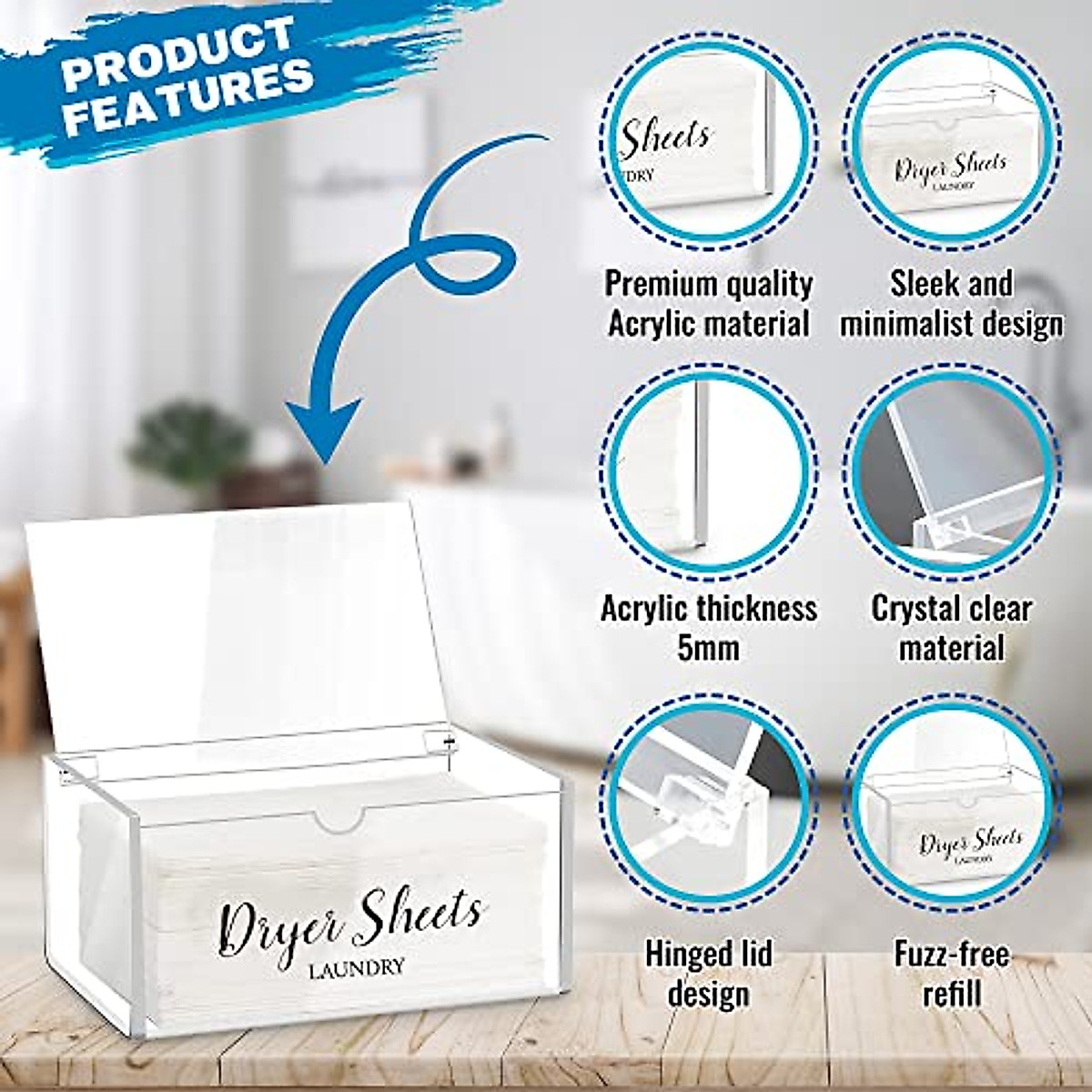 HappyPals Clear Acrylic Dryer Sheet Holder, Laundry Room Organizer, Clear Acrylic Box with lid, Clear Dryer Sheet Dispenser, Clear Acrylic Container