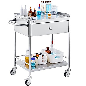 VEVOR Medical Trolley, Dual-Tier Stainless Steel Trolley with a 220 lbs Load Limit, Equipped with Quiet 360° Casters and a Drawer, Ideal for Laboratories, Clinics, Kitchens, and Salons