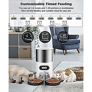 SLDPET Cat Feeder Automatic for 2 Cats 304 Stainless Steel Timed Cat Food Dispenser for Cats & Small Dog 4.5L with 2-Way Splitter with APP Control,10s Voice Recorder, Dual Power Supply