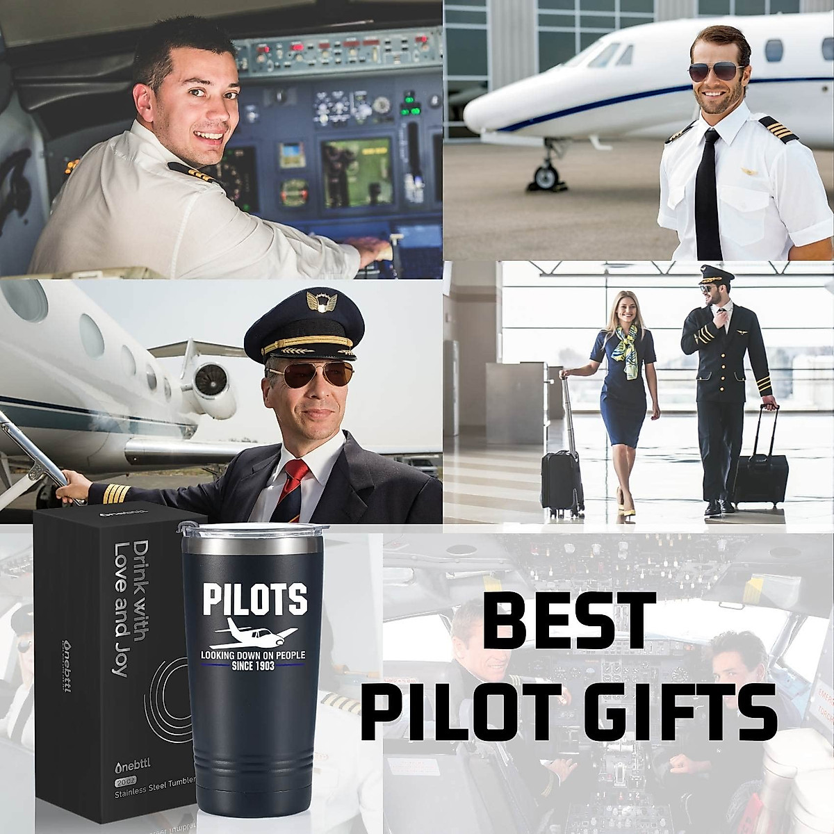 Onebttl Pilot Gifts For Men, Male, Him - Pilot Looking Down on People Since 1903-20oz/590ml Stainless Steel Insulated Tumbler with Lid, Message Card - Aviation, Airplane Gifts for Aviator - (Black)