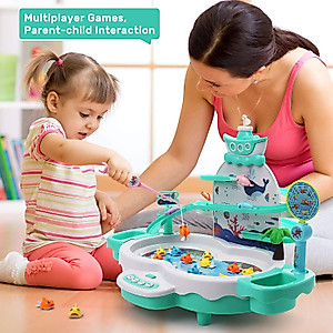 CUTE STONE Fishing Game Toys with Slideway,Electronic Toy Fishing Set with Magnetic Pond,10 Fish,3 Magnetic Dolphins,2 Toy Fishing Poles,Learning Educational Toys with Music Story for Kids Toddlers