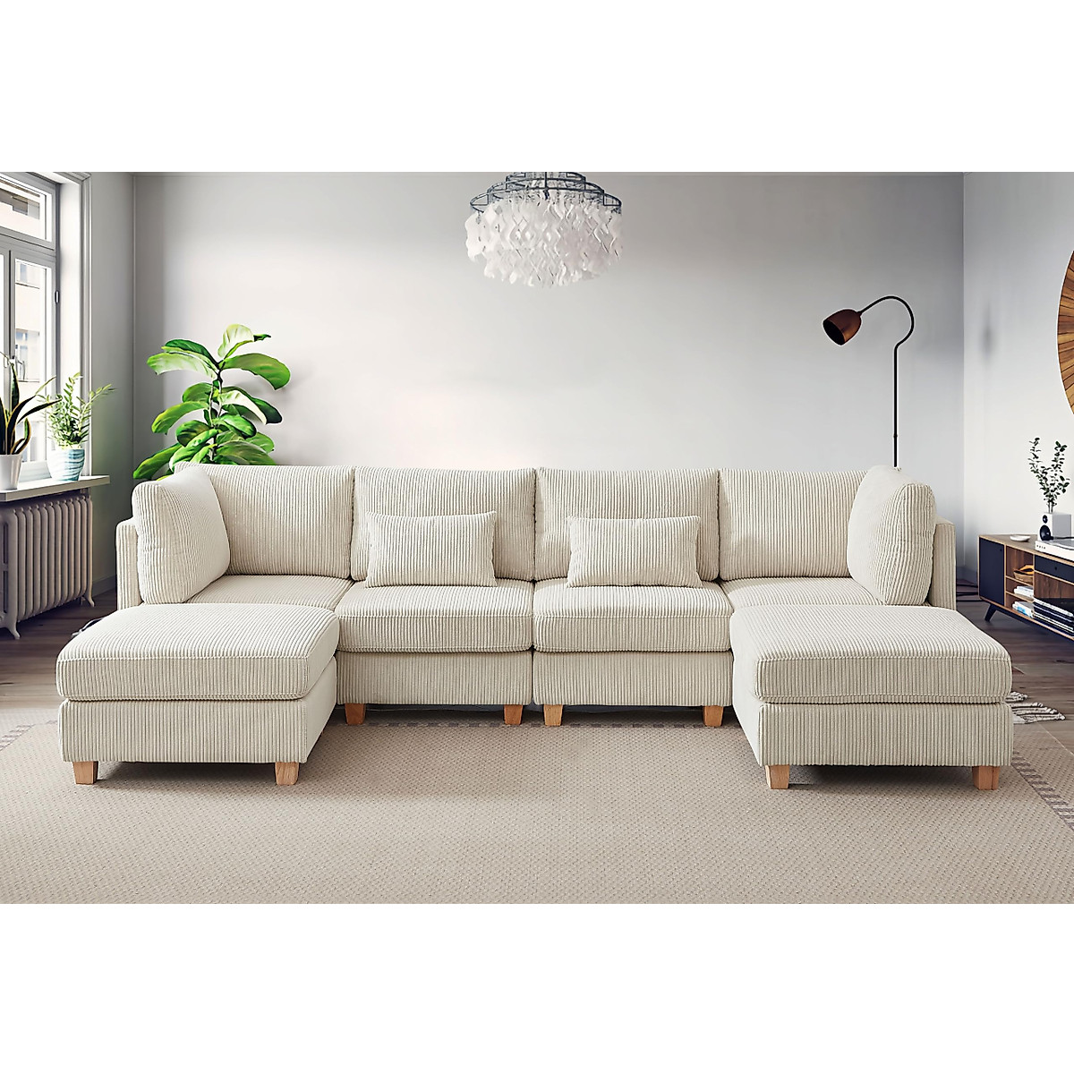 MYINDA U Shaped Sectional Couches for Living Room, 110 Inch Modular Sectional Sofa with Movable Ottoman, Corduroy Oversized Living Room Furniture Sets (Beige)