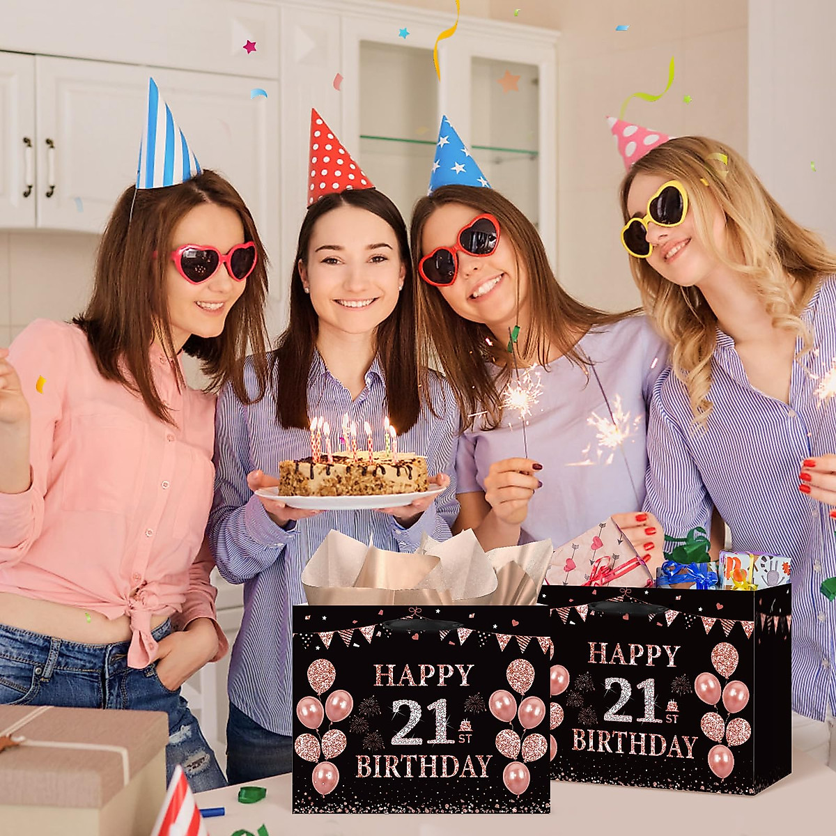 Black Rose Gold 21st Birthday Gift Bag with Happy 21st Birthday Greeting Card and Tissue Paper for Girls Rose Gold 21st Birthday Gift Wrap Bag for 21st Birthday Christmas Party Decorations Supplies