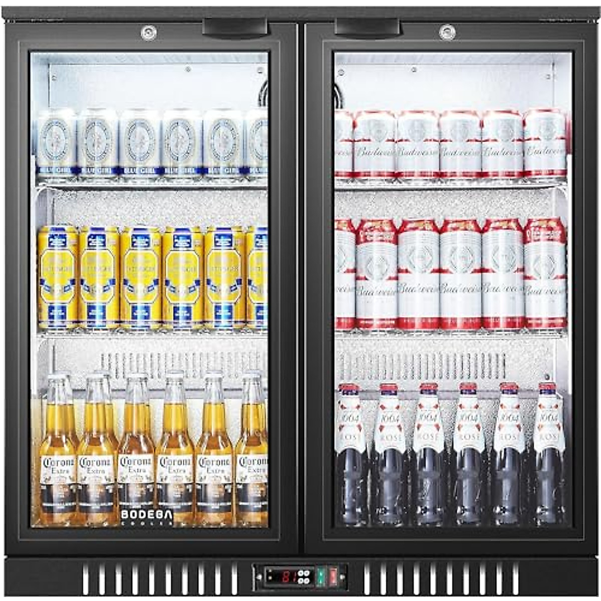 BODEGACOOLER Back Bar Cooler With 2 Glass Doors,Commercial Bar Cooler Under Counter7.4Cu.Ft,Back Bar Fridge, Beverage Bar Refrigerator with LED Lighting for Display Beverage,for Beer,Soda Drinks,Wine