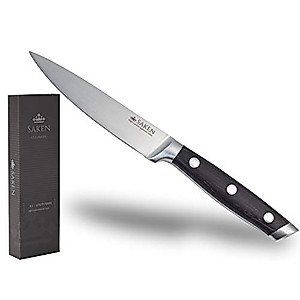 SAKEN 4.5-Inch Paring Knife - High-Carbon German Steel Kitchen Utility Knife with Wooden Handle in Dark Wood Finish - Multipurpose Kitchen Knife Mincing, Slicing, Chopping, and General Cutting Work