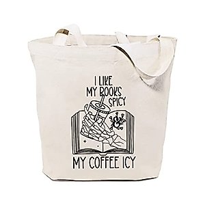 GXVUIS I Like My Books Spicy and My Coffee Icy Canvas Tote Bag for Women Aesthetic Reusable Eco-Friendly Grocery Shopping Bag White