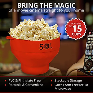 SOL - Heat-Resistant Cooking Utensil Set Microwave Silicone Popcorn Maker with Lid and BPA Free,Heat Resistant Silicone Popcorn Maker Collapsible Bowl 10 X 8 X 6 Inches - Red