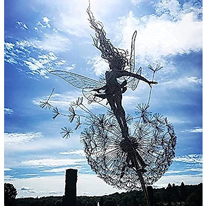 KINHA Fairy Dandelion Sculptures Fairy Dandelion Sculptures Garden Stakes Dramatic Fairy Sculptures Dancing with Dandelions,Wind Catcher for Home Garden Patio Yard Decoration with Standing Pole