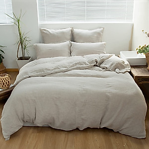 Simple&Opulence 100% Linen Duvet Cover Set 3pcs Basic Style Natural French Washed Flax Solid Color Soft Breathable Farmhouse Bedding with Button Closure - Linen, Queen