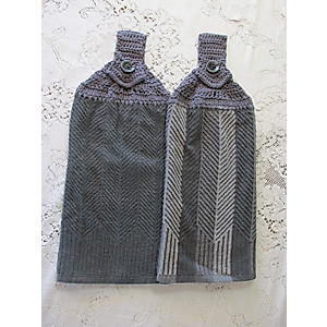 Set of 2 Gray Doubled Chevron Design Hanging Kitchen Towels with Gray Cotton Crochet Top - Best Quality