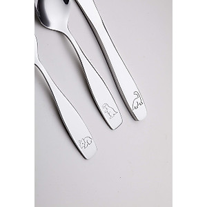 Exzact Kids Flatware 6 Pieces Set - Stainless Steel Silverware 2 x Forks, 2 x Safe Table Knife, 2 x Tablespoons - Child Toddler Utensils - Dinosaurs Engraved