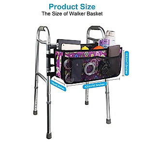 Walker Basket Foldable Walker Storage Bag with Two Split Boards and Six Non-Slip Straps Big Capacity Walker Basket Tote Organizer Never Tipping Over Ideal for Senior, Universal Size (PurpleButterfly)