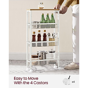 VASAGLE Slim Rolling Cart, 4-Tier Storage Cart, Narrow Cart with Handle, 5.1 Inches Deep, Metal Frame, for Kitchen, Dining Room, Living Room, Home Office, Oak Beige and Classic White ULRC032W09
