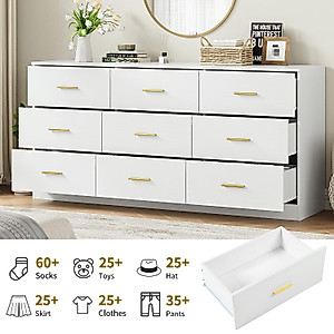 Angel Sar 9 Drawer Dresser for Bedroom, Modern White Dresser, Long Chest of Drawers with Golden Handles, Leg Free Design & Smooth Slides, Double Drawer Dresser for Closet, Sturdy Wooden Dresser