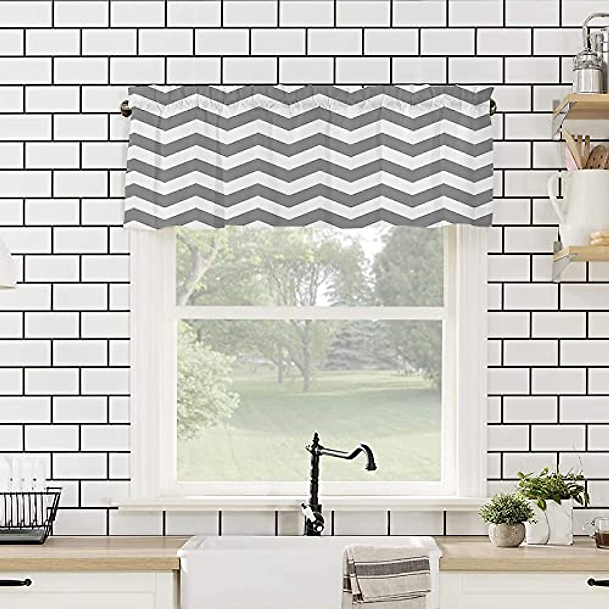 Artwork Store Valances Windows Curtain Simple Chevron Zig Zag Gary and White Ripple Kitchen Valances Rod Pocket Window Treatment Short Curtains Valance for Window 1 Panel,42 by 18 inches