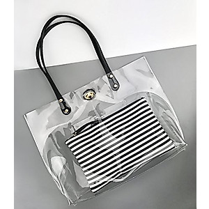 PVC Clear Womens Tote With Striped Zipper Clutch Weekender Shoulder Handbag (Black&White Stripes) Medium