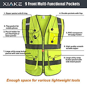 XIAKE 9 Pockets Class 2 High Visibility Reflective Safety Vest Men Women Work Construction Vest Zipper Front Meets ANSI Standards(Yellow,Large)