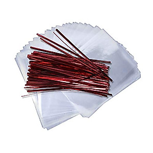 Mini Skater 5 x 7 Inch Clear Flat OPP Cello Cellophane Treat Bags With 100Pcs Red Twist Ties For Wedding Gift Candy Cookie Bakery Bread Dessert, 100Pcs