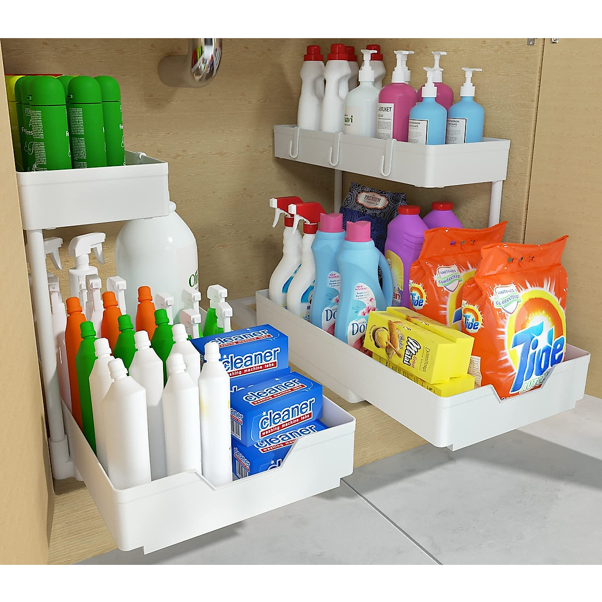 2-Tier Under Sink Organizers and Storage 2 Pack Sliding L-shape Under Cabinet Organizers For Narrow Space Multi-purpose Sink Organizer for Bathroom Kitchen Drawer(White 2 Pack)