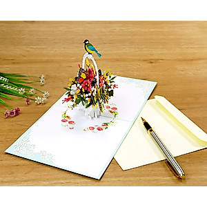 ETA 3D Bird and Flower Basket Pop Up Greeting Card for Birthday, Just Because, Thinking of You, Retirement, Get Well, Congratulations, Cards Mother's Day, Teacher's Father's Any Occasions, F18
