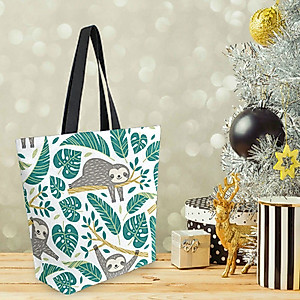 SUABO Cute Sloth Canvas Tote Bag Large Women Reusable Shopping Grocery Bag, Casual Shoulder Bag Handbag for Christmas Mom's Gift