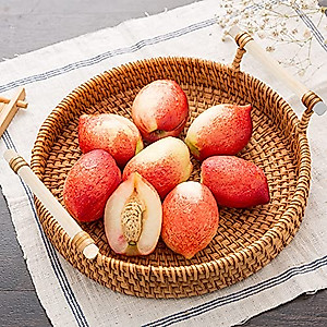 Elesunory Hand-Woven Rattan Serving Tray, Rattan Round Serving Tray with Handle, Coffee Tray Decor for Serving Coffee, Drinks, Bread, Fruit, Vegetables, Snacks