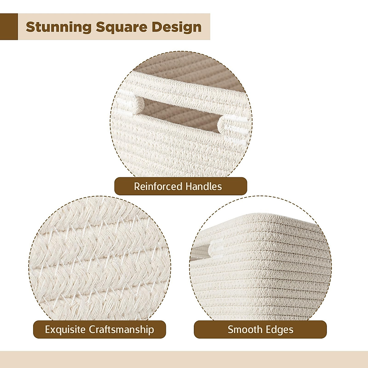 AELS Hand Woven Cotton Basket for Storage, Cube Storage Bins with Handles, Foldable Collapsible Closet Organizers and Storage, Boho Farmhouse Storage Cubes for Shelves, Beige