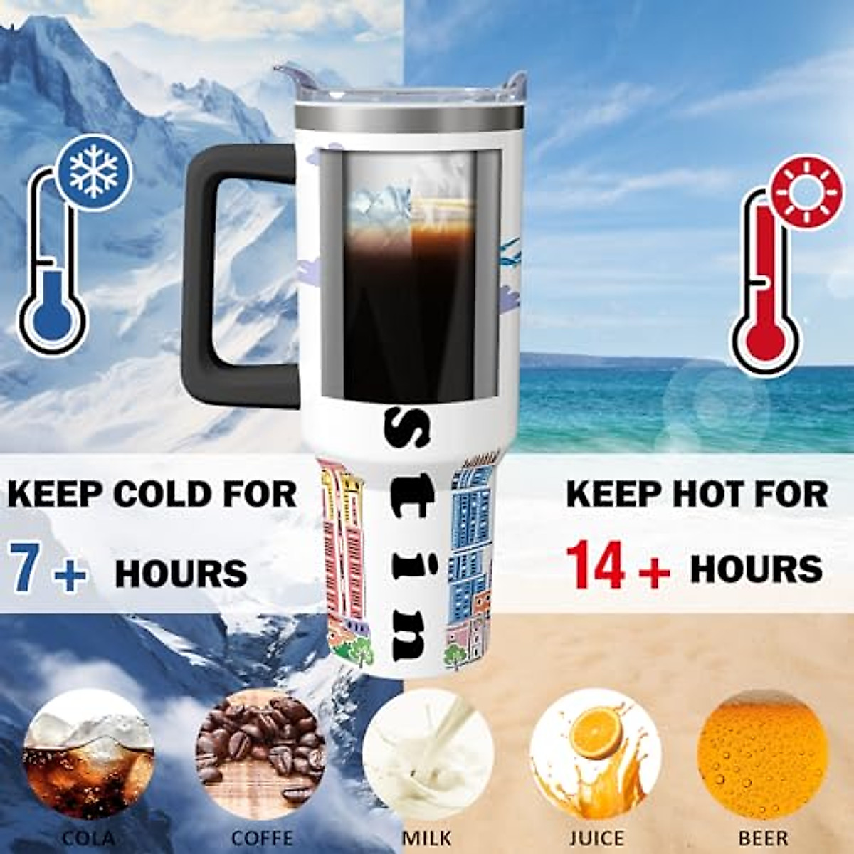 Vehcimbev City Themed Tumbler - 40oz With Hanld Stainless Steel Travel Coffee Mug with Leak Proof Lid - Hot/Cold Drinks,Perfect Austin Souvenir Gift (Austin)