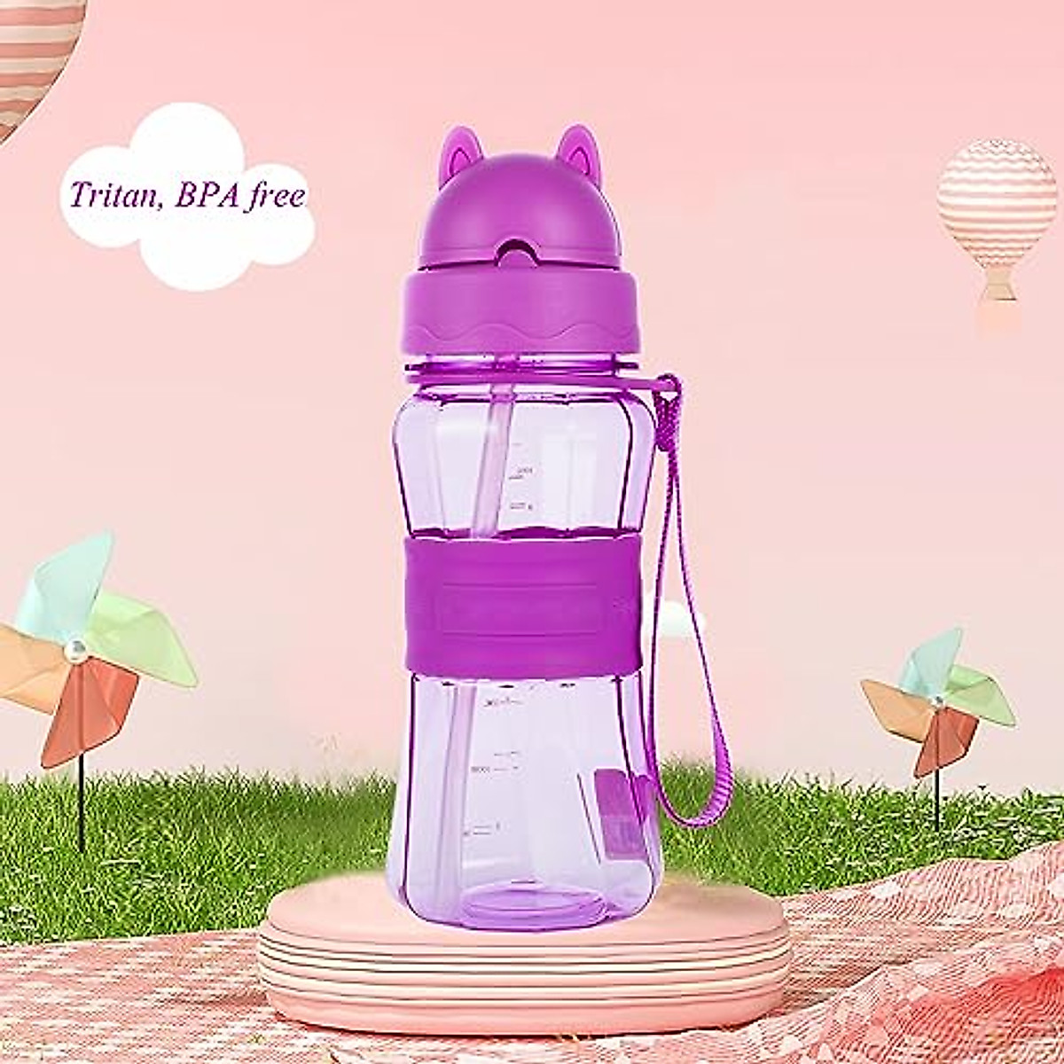 Water Bottle for Kids Toddlers with Straw Strap 12OZ Children Sized Leak Proof BPA Free Tritan Drinking Bottles for Boys Girls School Students, Cute Lightweight Sturdy Anti-skid Design (Purple)